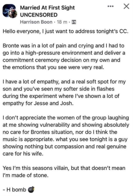 Married at First Sight's Harrison Boon defends crying on the show