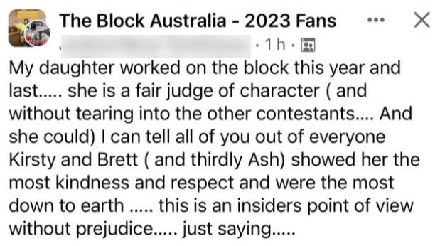 Insider says Kristy and Brett were 'kindest' on set of The Block
