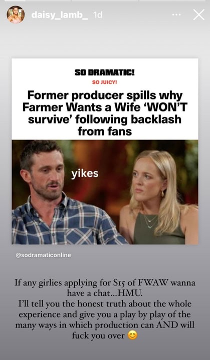 Farmer Wants a Wife's Daisy DRAGS producers in rogue Insta post